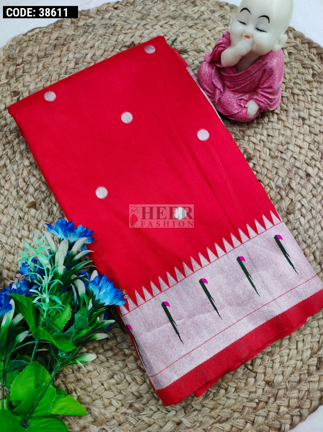 Red soft paithani silk saree with zari weaving work